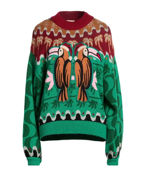 Farm Rio Jacquard-knit Crewneck Pullover With Tropical Print And Embroidered Toucans