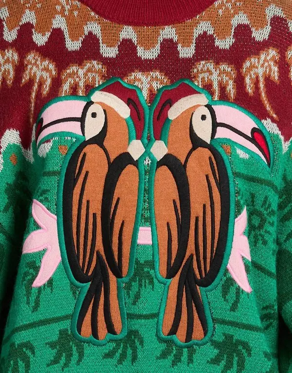 Farm Rio Jacquard-knit Crewneck Pullover With Tropical Print And Embroidered Toucans