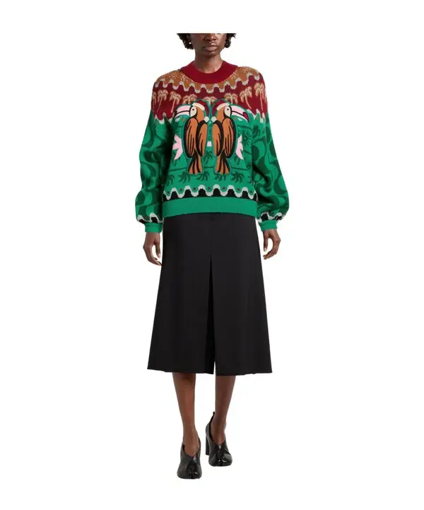 Farm Rio Jacquard-knit Crewneck Pullover With Tropical Print And Embroidered Toucans