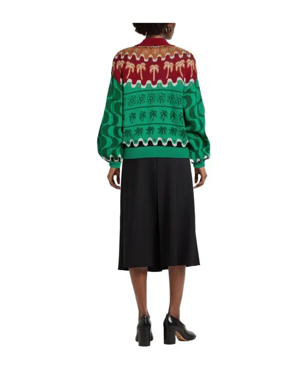 Farm Rio Jacquard-knit Crewneck Pullover With Tropical Print And Embroidered Toucans