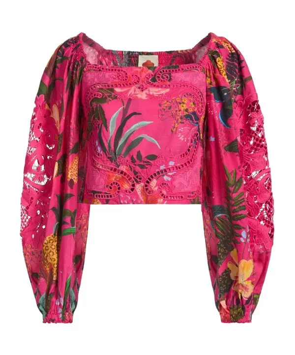 Farm Rio Floral Lace Cropped Top - Wine Red