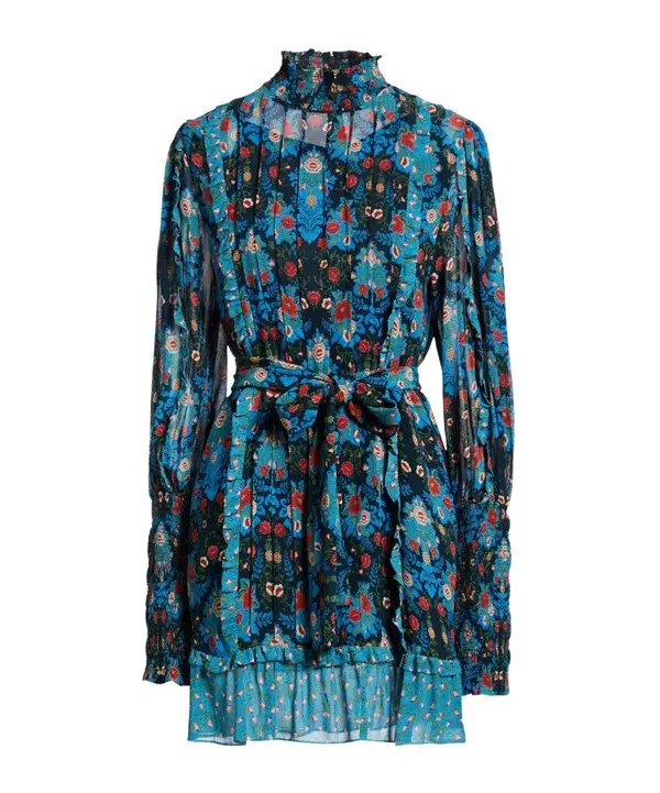 Farm Rio Floral Print High Neck Belted Dress - Blue