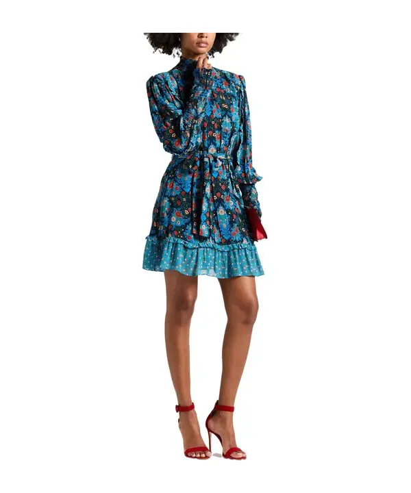 Farm Rio Floral Print High Neck Belted Dress - Blue