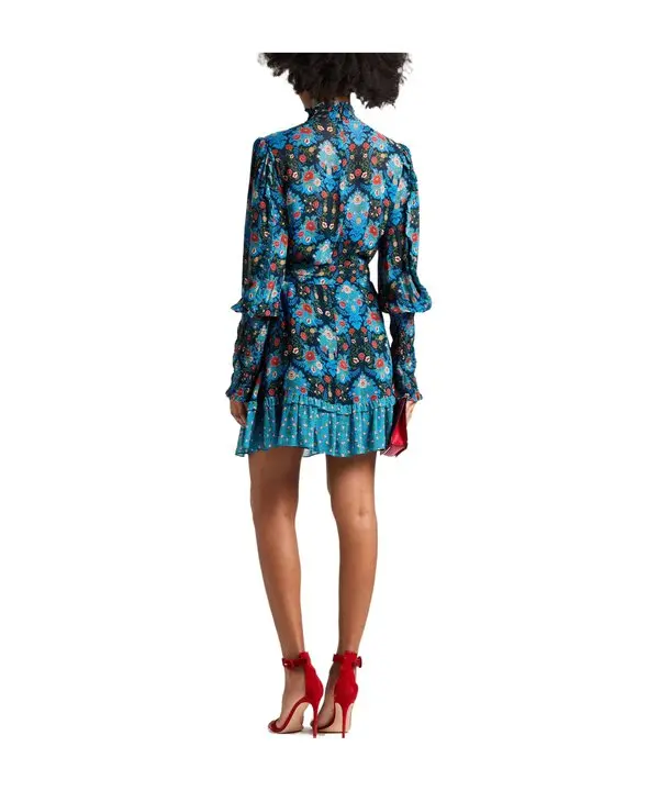 Farm Rio Floral Print High Neck Belted Dress - Blue