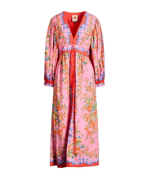 Farm Rio Floral Print Puff Sleeve Flared Maxi Dress - Pink