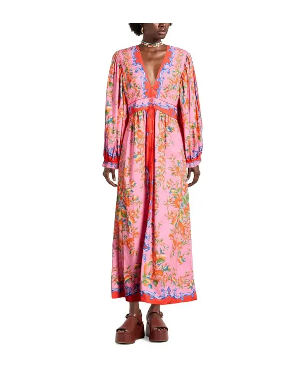 Farm Rio Floral Print Puff Sleeve Flared Maxi Dress
