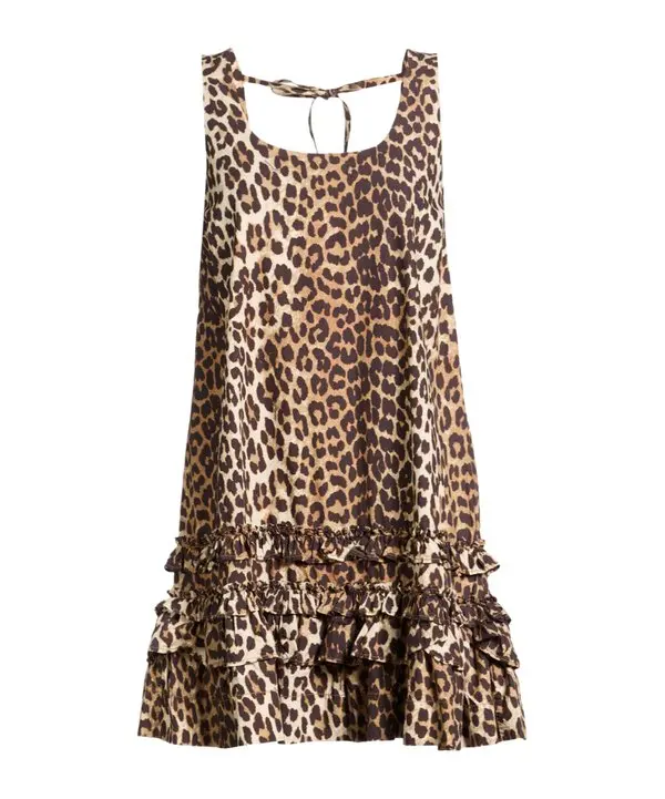 GANNI Leopard Print Sleeveless Ruffled Dress