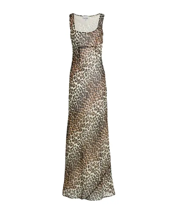 GANNI Sleeveless Leopard Print Georgette Maxi Dress