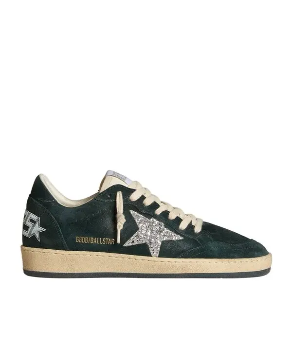 GOLDEN GOOSE Ball Star In Green Suede With Silver Glitter Star - Black