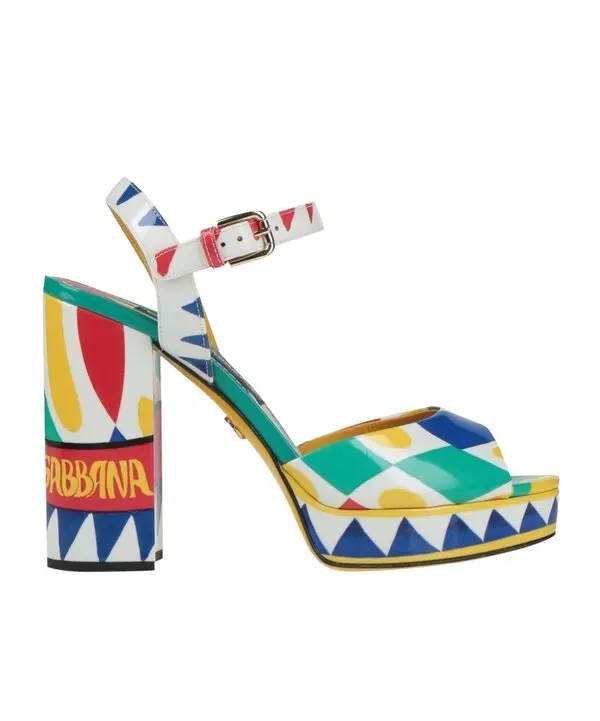 Dolce & Gabbana Geometric Print Leather Slingback Platform Sandals