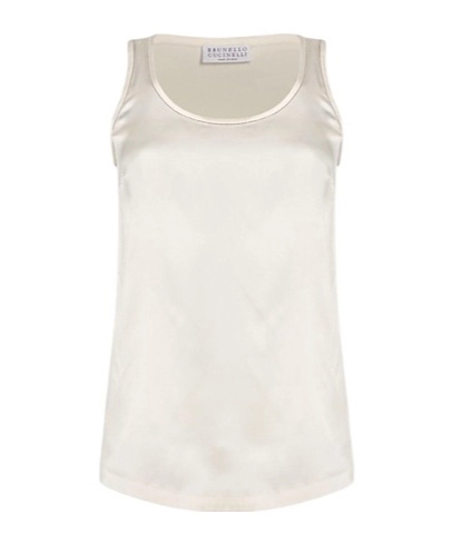 Brunello Cucinelli Sleeveless Scoop Neck Top With Satin Trim - White