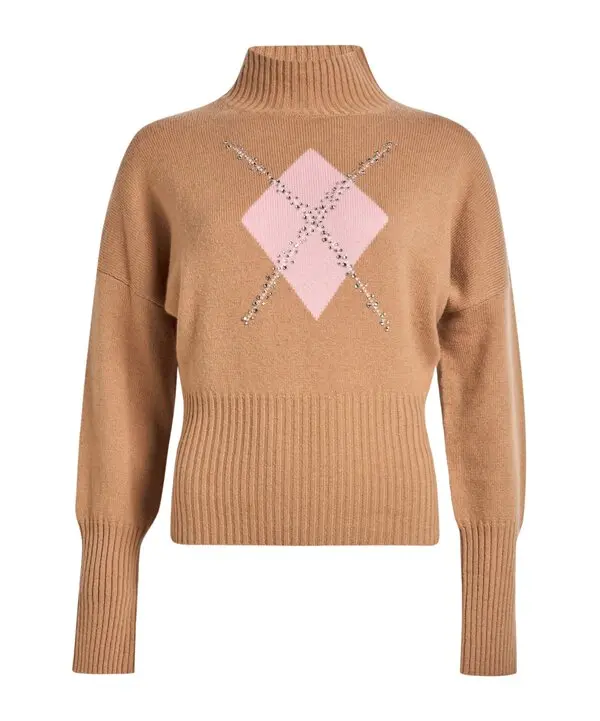 Max Mara Two-tone Wool Intarsia-knit Turtleneck With Crystal Embellishments