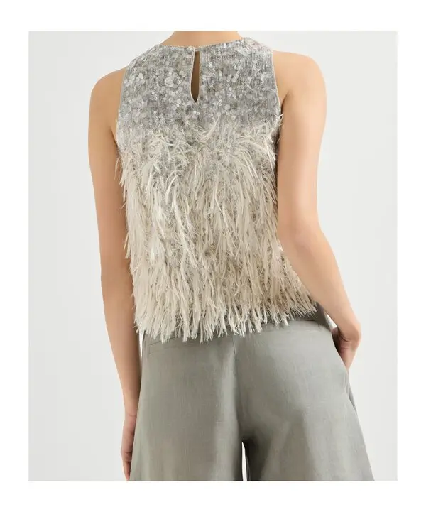 Brunello Cucinelli Sequin And Feather Embellished Sleeveless Top - Nude