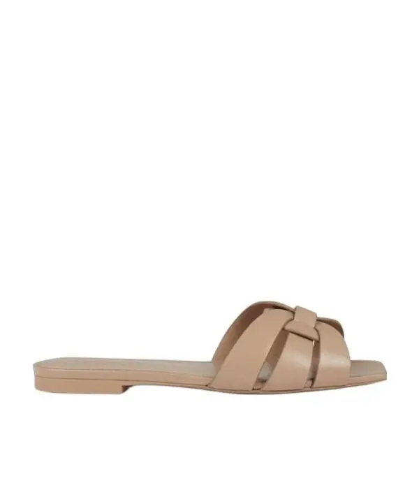 Saint Laurent Logo Square Open Toe Flat Slippers - Nude