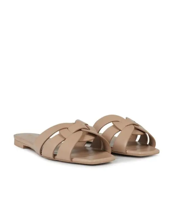 Saint Laurent Logo Square Open Toe Flat Slippers - Nude