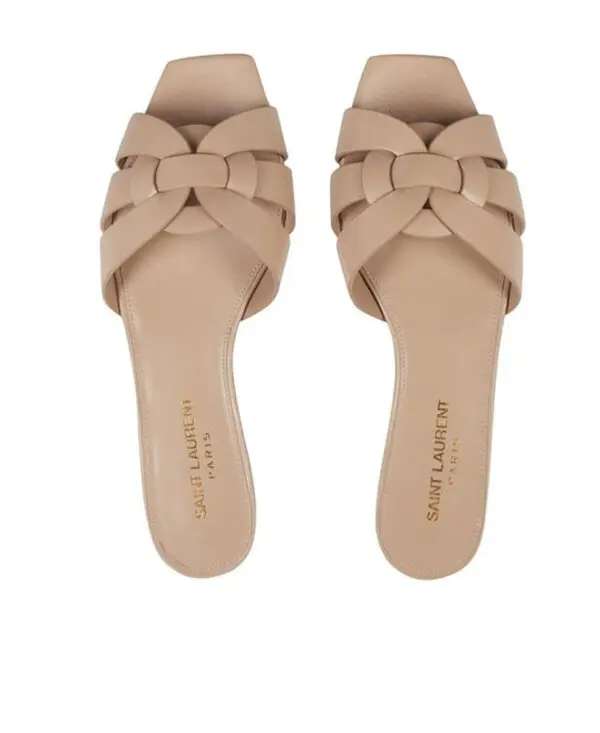 Saint Laurent Logo Square Open Toe Flat Slippers - Nude