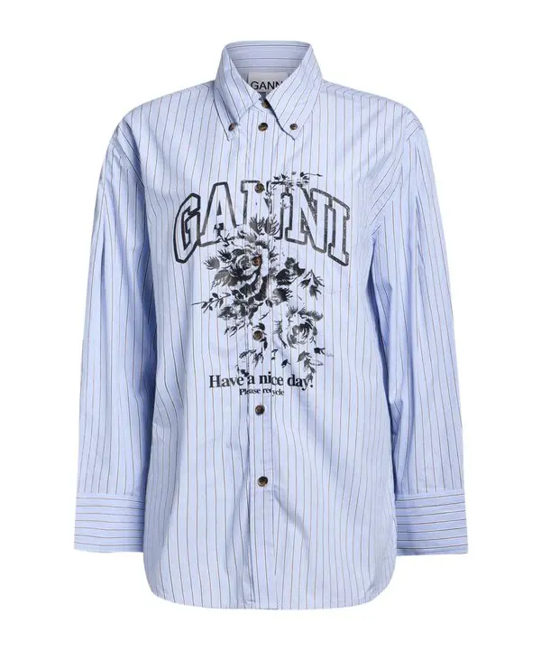 GANNI Striped Long Sleeve Shirt With Logo Graphic