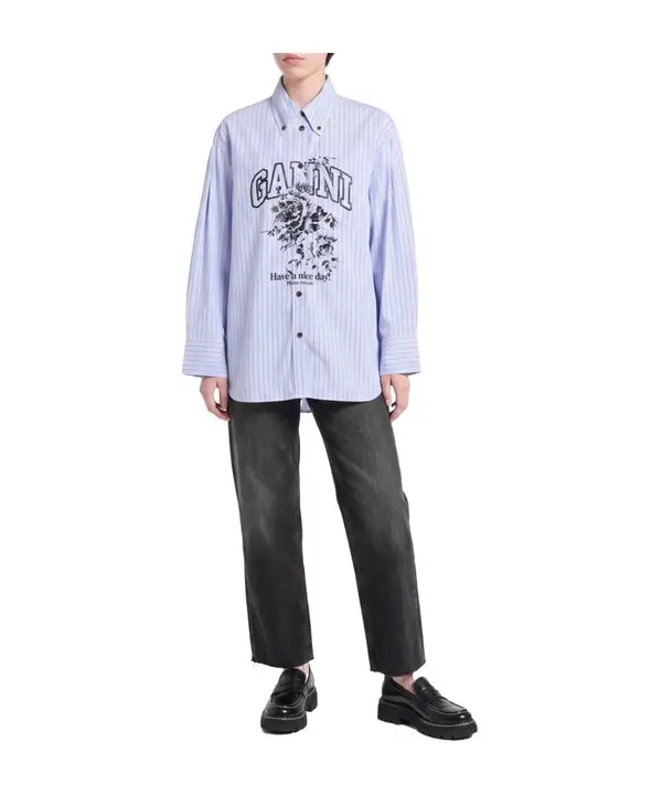 GANNI Striped Long Sleeve Shirt With Logo Graphic