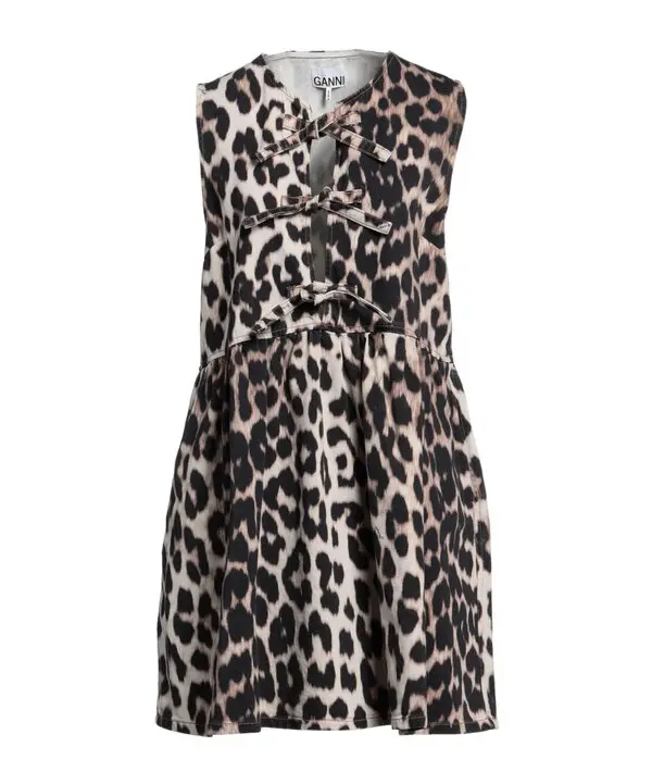 GANNI Leopard Print Denim Sleeveless Dress - Sand-colored