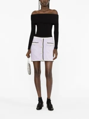 SELF-PORTRAIT Cable Knit Miniskirt With Crystal Embellishments - Black