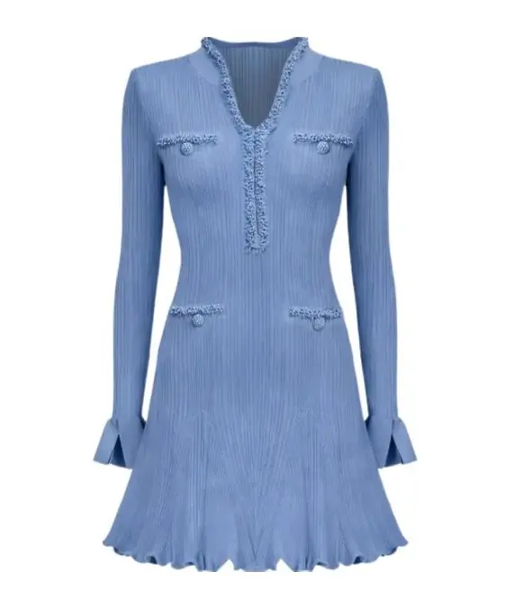 SELF-PORTRAIT Pearl Trim Mini Knit Dress - Blue