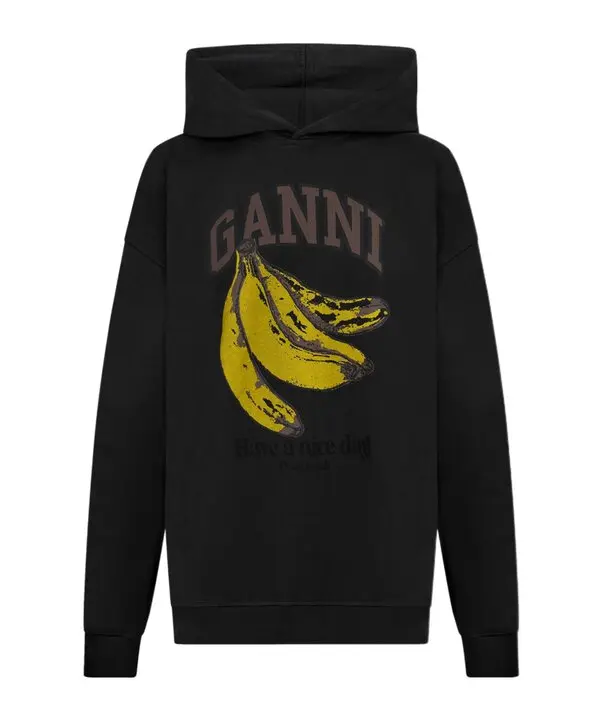 GANNI Printed Pullover Hoodie With Graphic Detail - Black