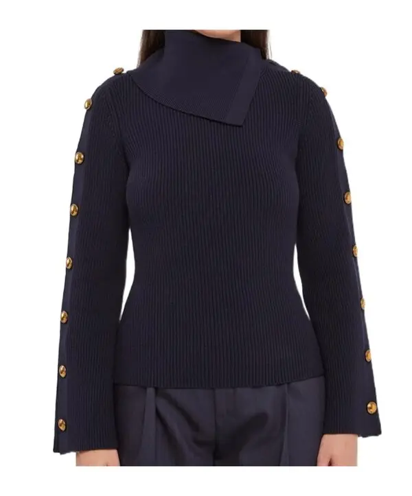 Elisabetta Franchi Ribbed Knit High-neck Sweater With Button Details - Blue