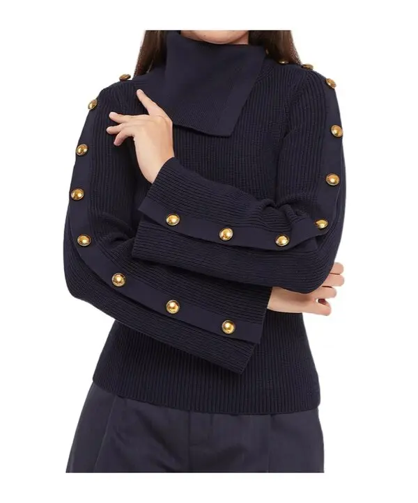 Elisabetta Franchi Ribbed Knit High-neck Sweater With Button Details - Blue