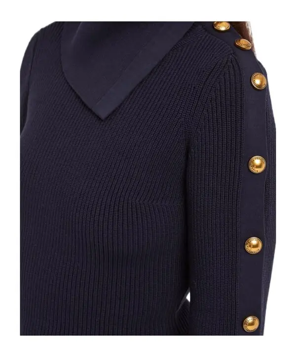 Elisabetta Franchi Ribbed Knit High-neck Sweater With Button Details - Blue