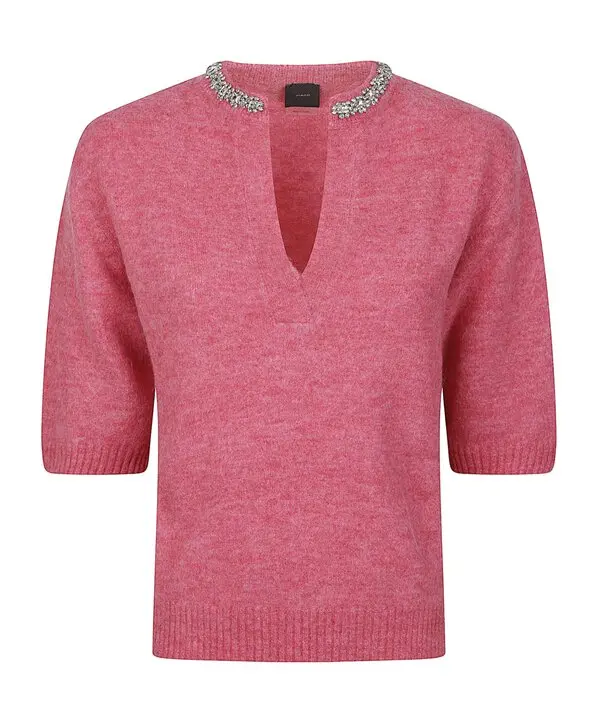 Pinko V-neck Short-sleeve Sweater With Embellished Collar