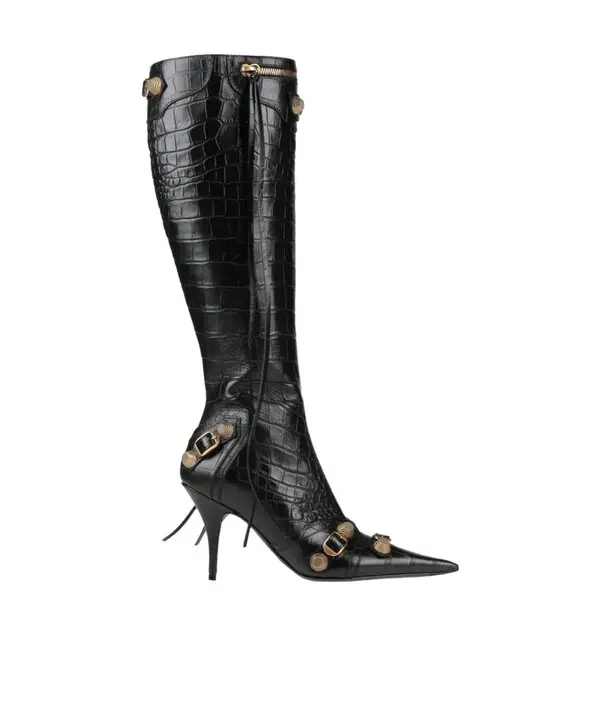 Balenciaga Knee High Pointed Toe Buckled Leather Boots