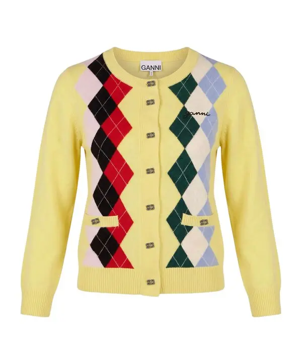 GANNI Argyle Knit Cardigan With Embroidered Logo