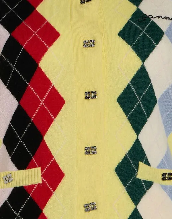 GANNI Argyle Knit Cardigan With Embroidered Logo