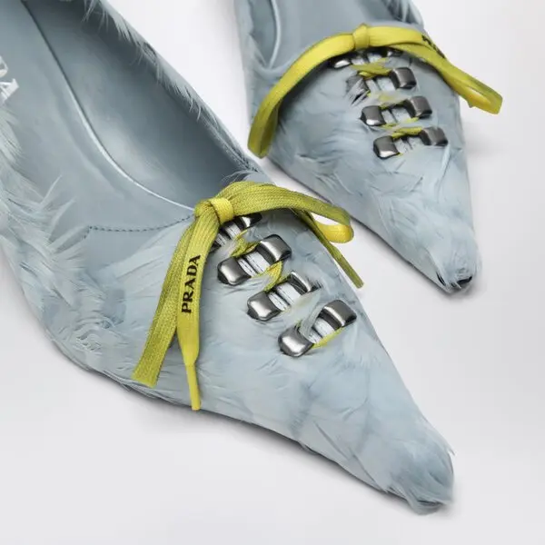 Prada Embellished Satin Pumps With Lace-up Detail - Light Blue