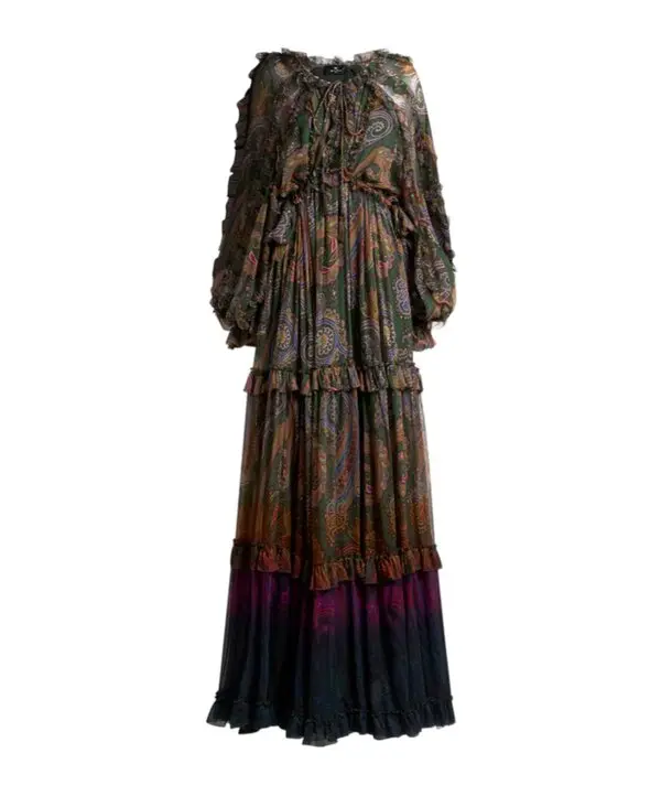 Etro Long Silk Dress With Ruffles And Placed Degradé Paisley Print - Green
