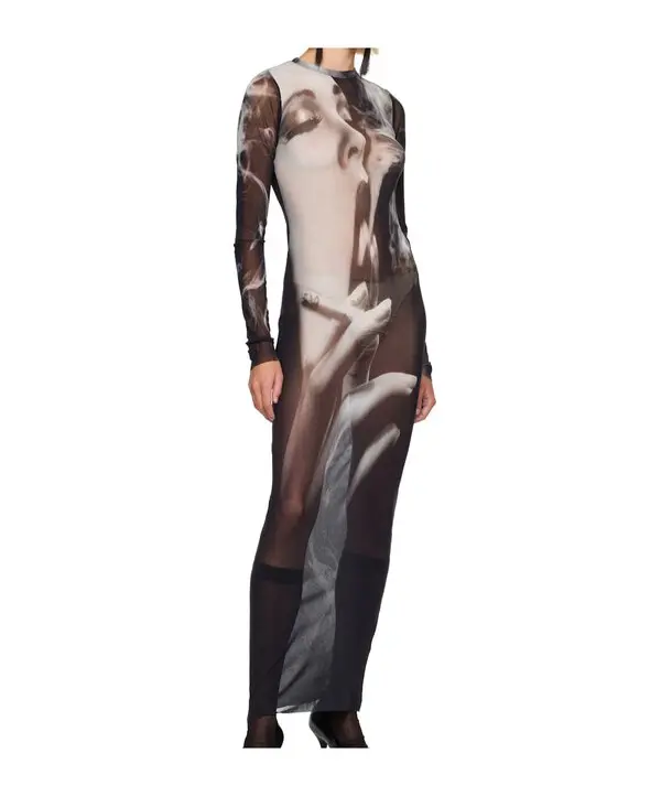 JEAN PAUL GAULTIER Printed Long Sleeve Maxi Dress - Black