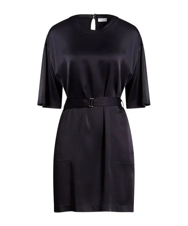 Brunello Cucinelli Belted Satin Crewneck Dress