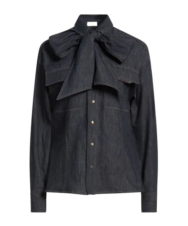 Brunello Cucinelli Darkwash Denim Shirt With Embellished Bow Detail