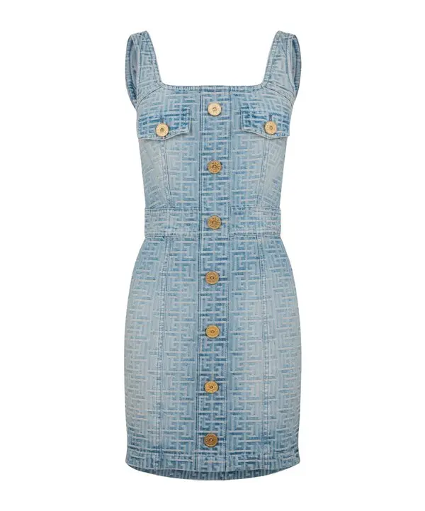 Balmain Printed Denim Mini Dress - Blue