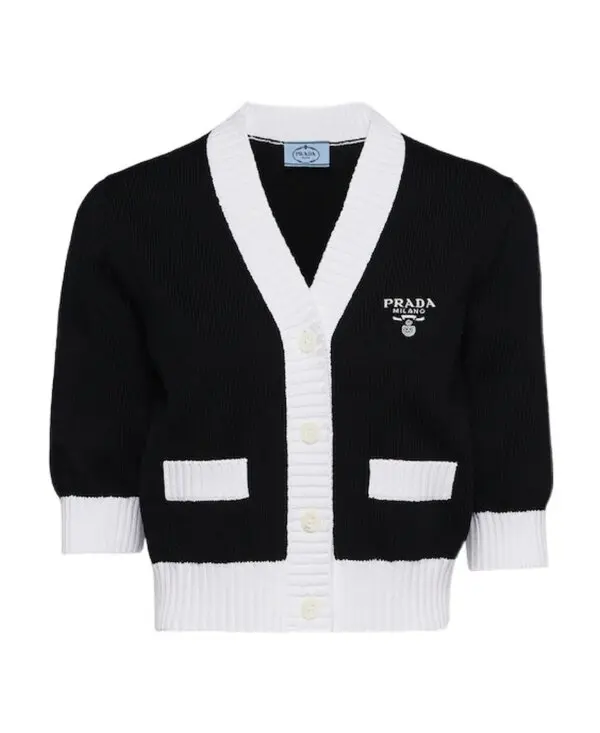 Prada Cropped V-neck Cardigan With Embroidered Logo