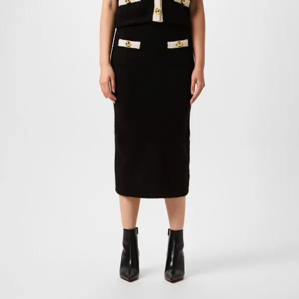 Alessandra Rich Knit Midi Skirt With Gold Button Embellishments