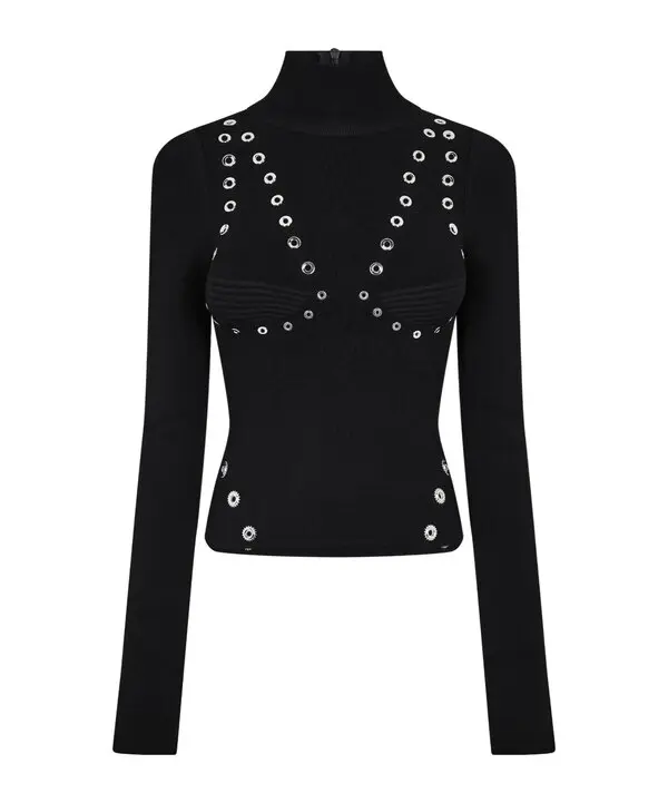 Off-White High-neck Sweater With Silver Studded Details And Back Zipper