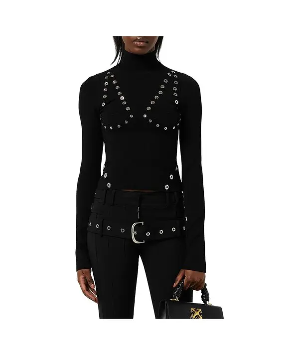Off-White High-neck Sweater With Silver Studded Details And Back Zipper