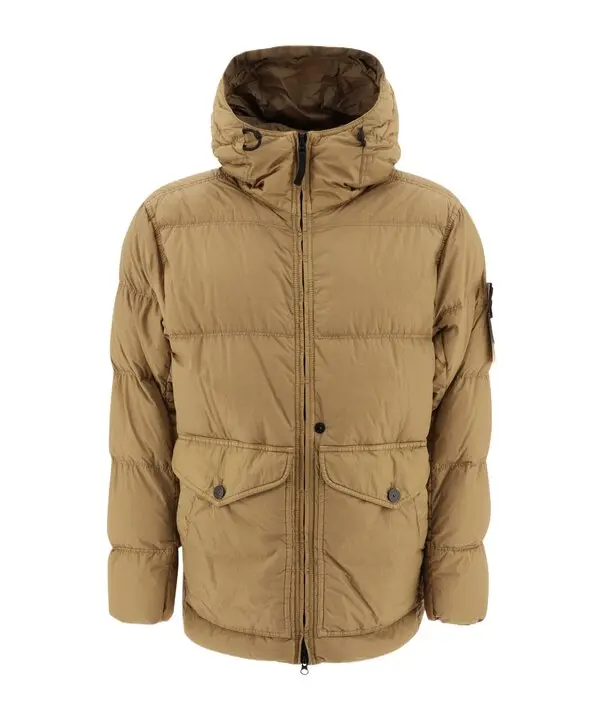 Stone Island Logo Patch Hooded Puffer Jacket - Biscuit