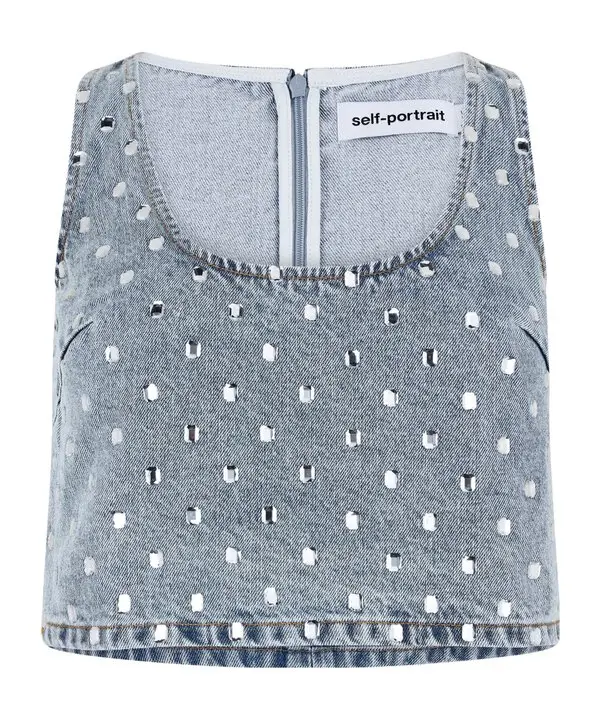 SELF-PORTRAIT Rhinestone Embellished Denim Top - Blue