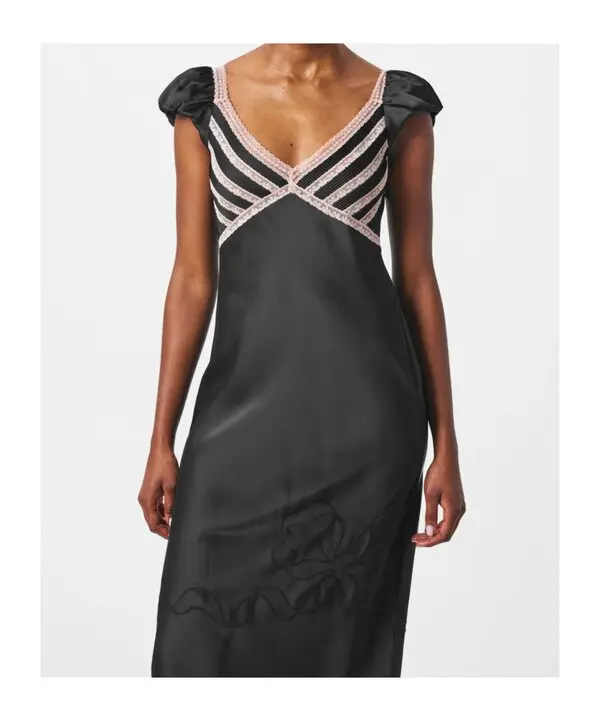 LoveShackFancy Brinkley Satin Midi Dress With Lace And Bow Appliques