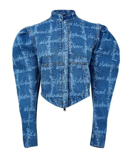VIVIENNE WESTWOOD Denim Jacket With Stand Collar And Graphic Print