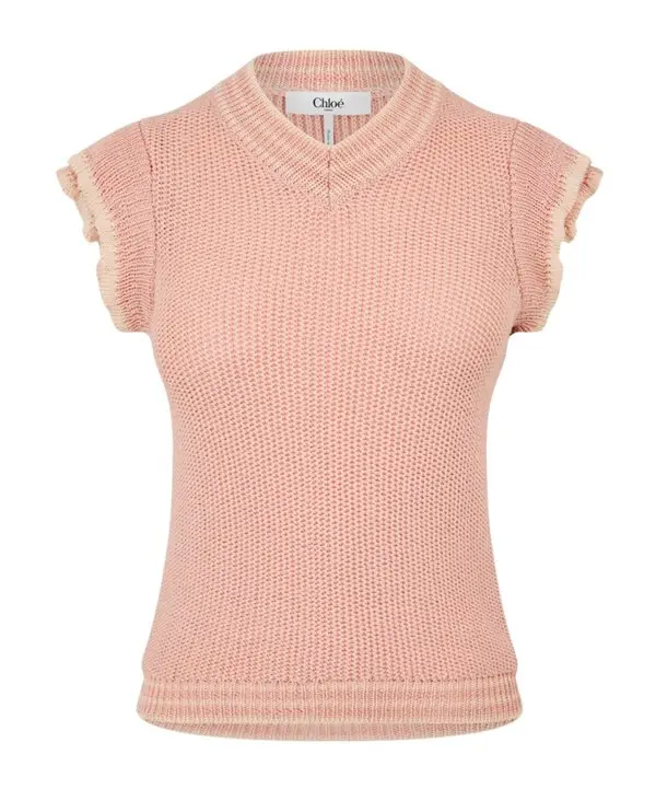 Chloé Short Sleeve Ruffle V-neck Sweater - Pink