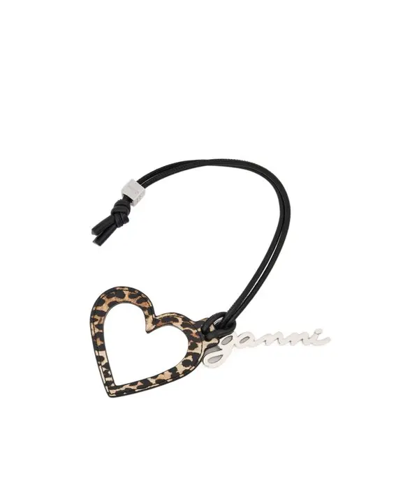 GANNI Heart Shaped Pendant Keychain With Leopard Print - Black