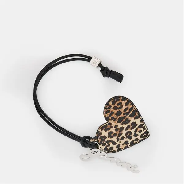 GANNI Heart Shaped Pendant Keychain With Leopard Print - Black